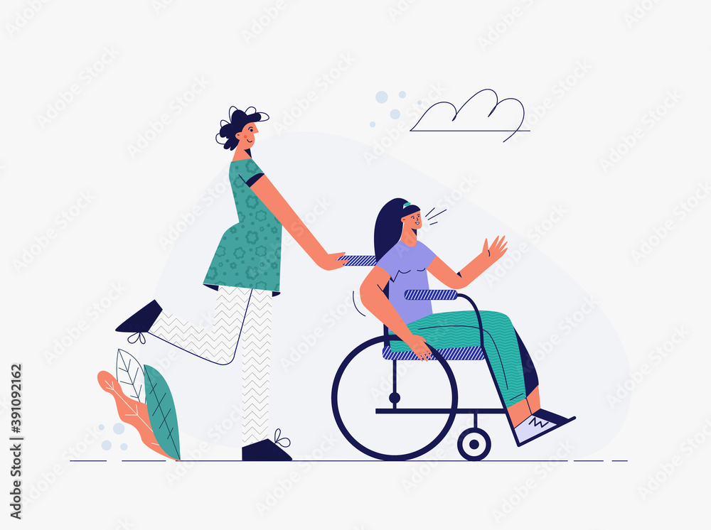 Care and support disabled people concept. Happy handicapped woman flat ...