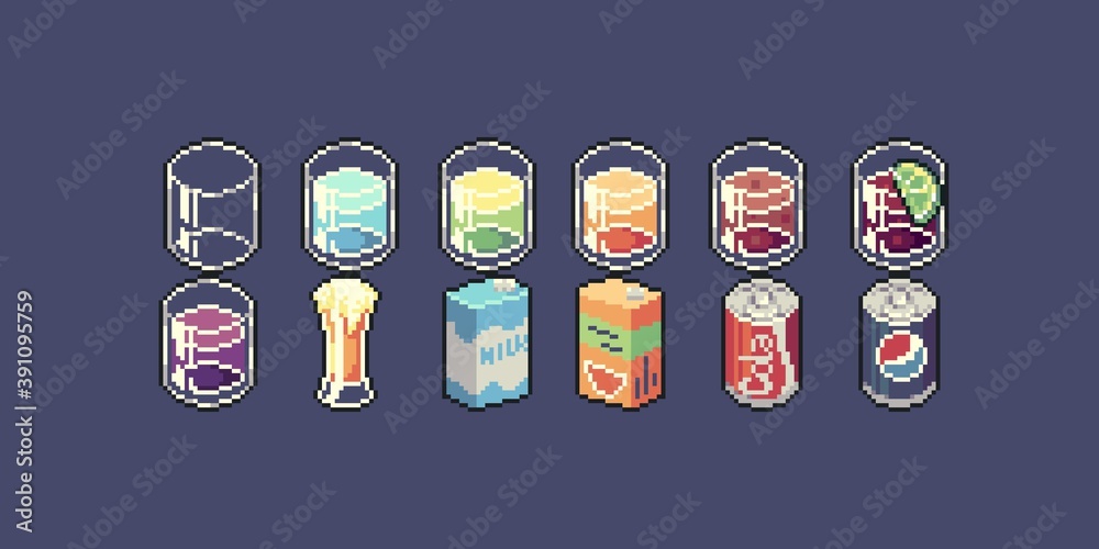 Pixel Art drinks icon created in 32x32 resolution containing soda ...