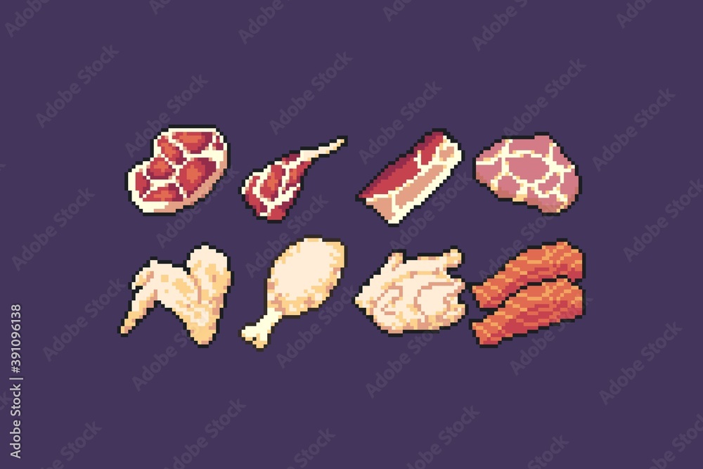 Pixel art raw meat icons containing pork, lamb, beef, salmon, chicken ...