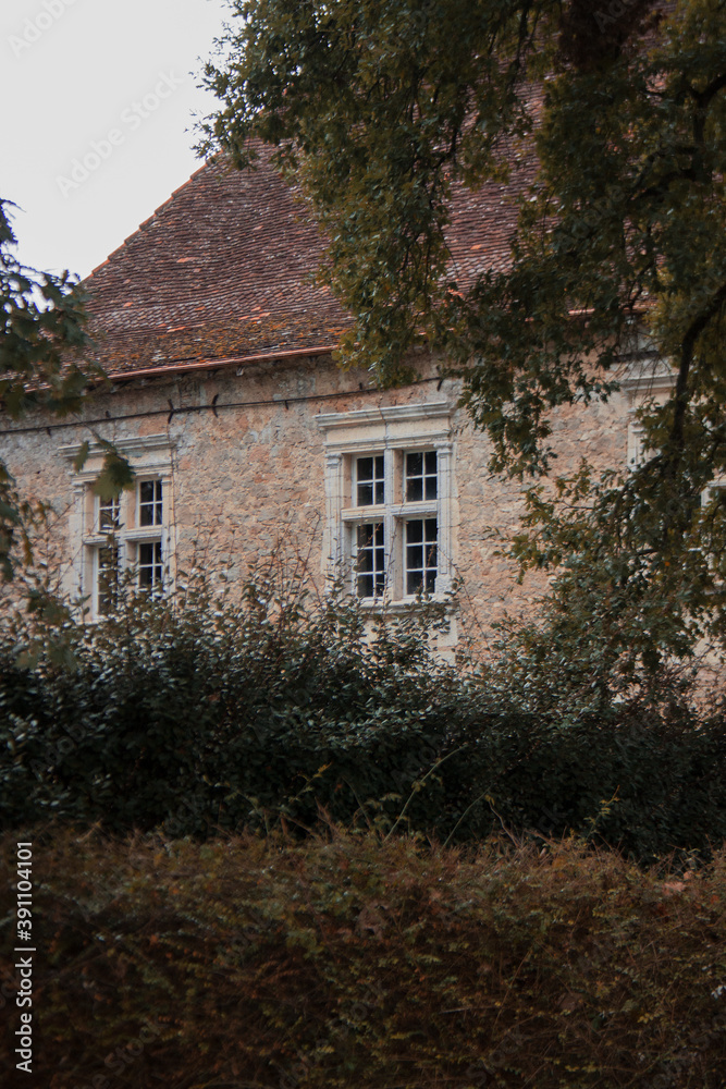 A stone facade of a house hidden in the vegetation. White window frames ...