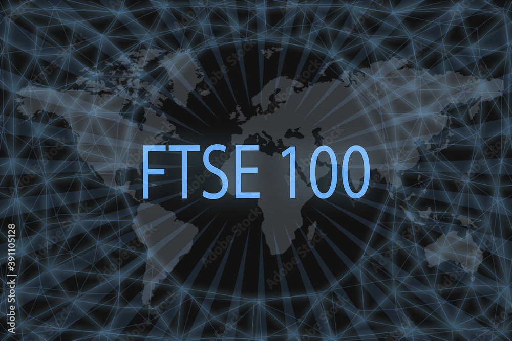 FTSE 100 Global stock market index. With a dark background and a world ...