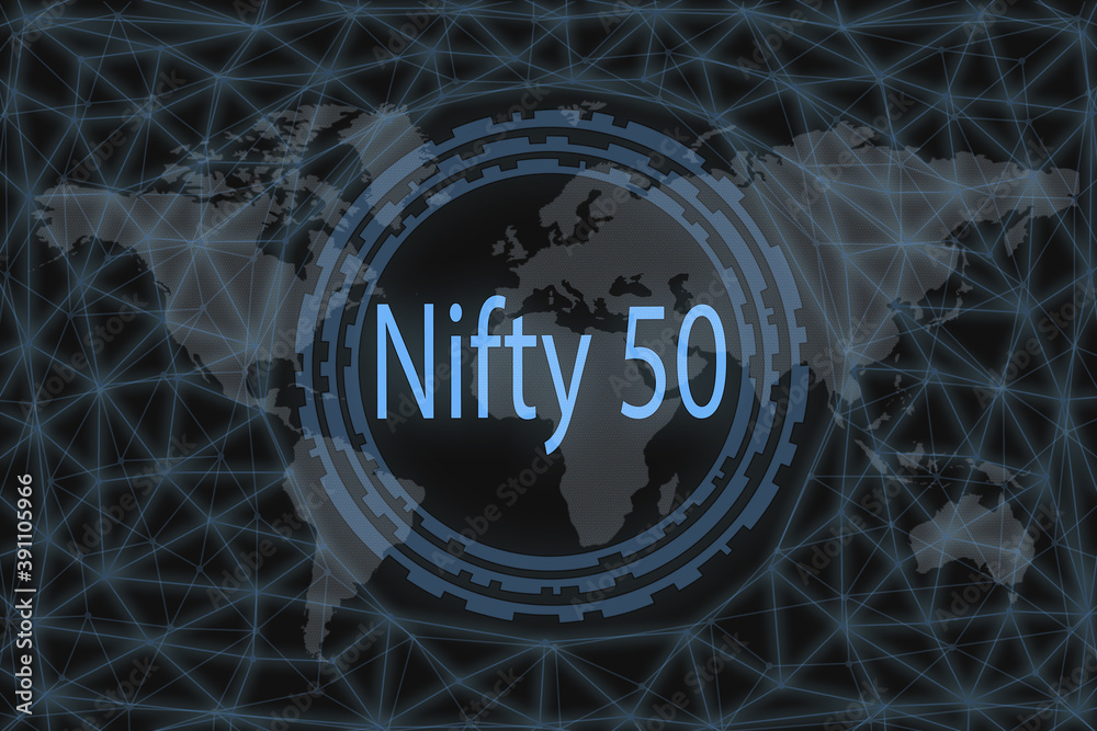 Nifty 50 Global stock market index. With a dark background and a world ...
