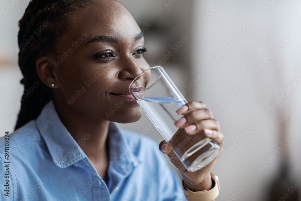 Hydration. Beautiful Black Woman Drinking Mineral Water From Glass ...
