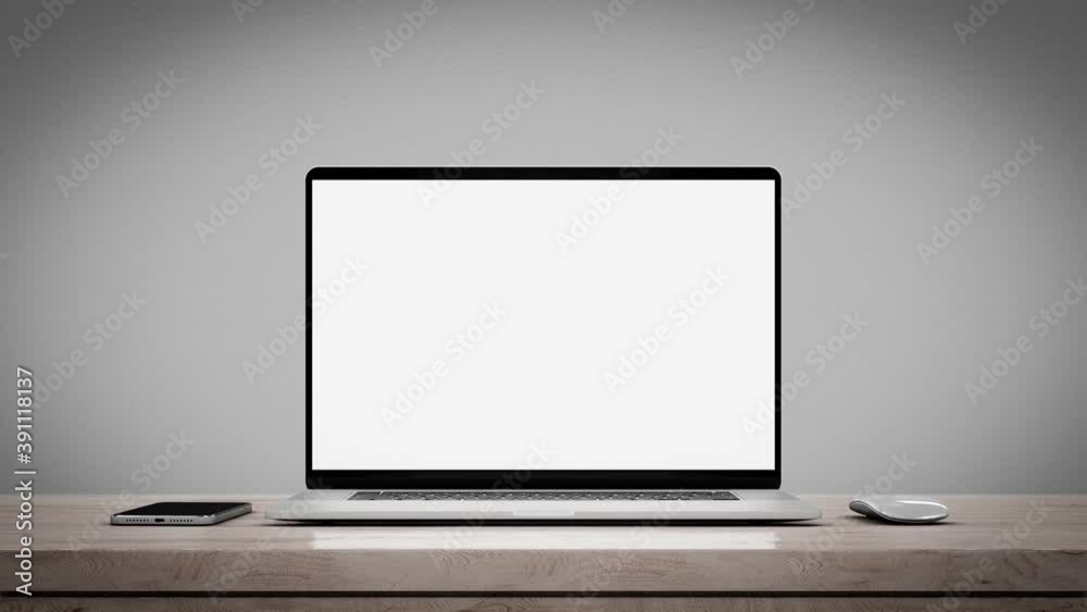 Laptop with blank screen on table smooth zoom in with mouse and ...