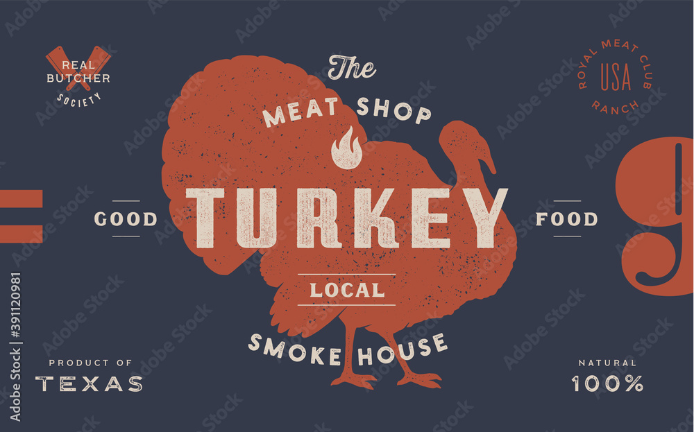 Turkey. Template Label. Vintage retro print, tag, label with turkey ...