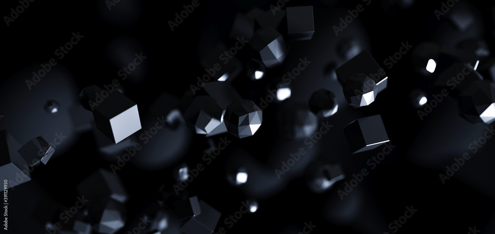 Abstract particles 3d black background. Flying polygonal spheres in ...