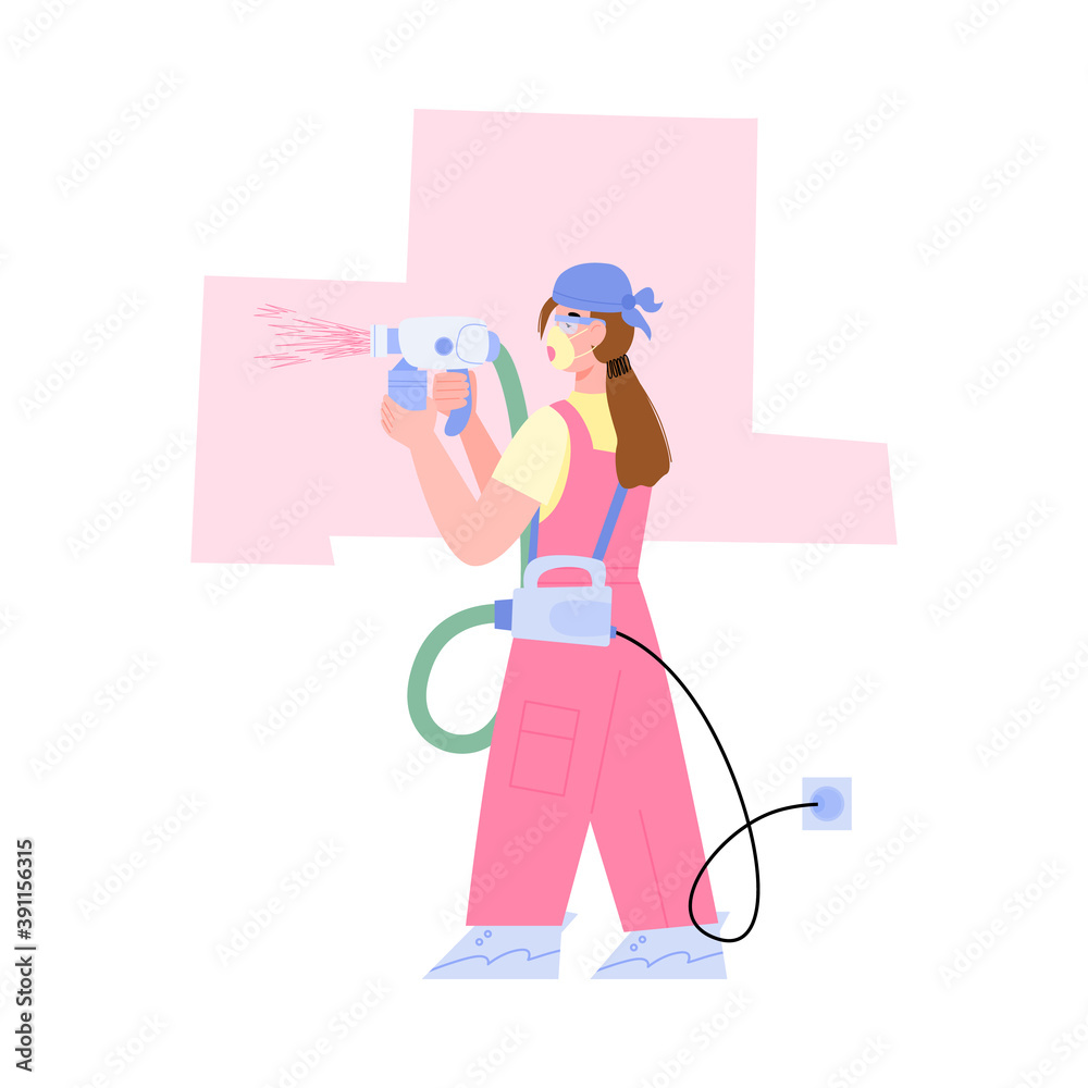 Woman professional painter paints the wall with electric spray gun ...