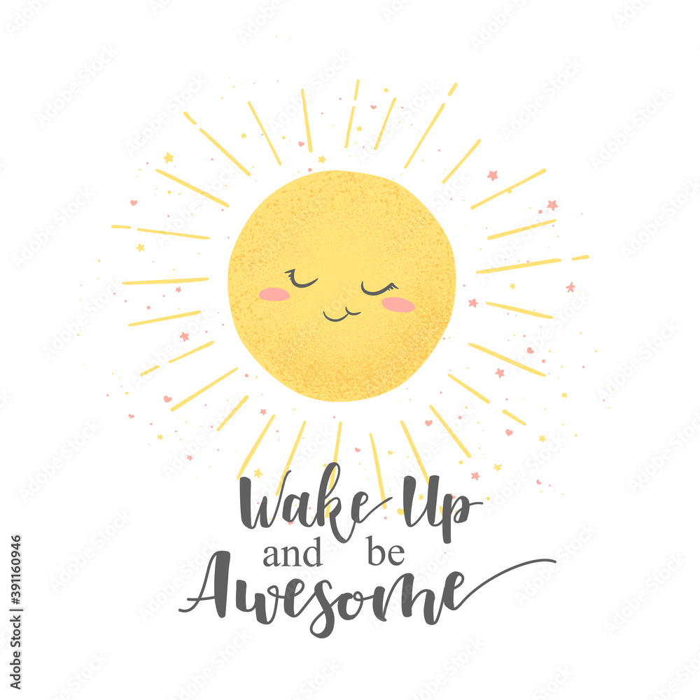 Vector illustration with cute hand drawn cartoon sun and lettering Wake ...