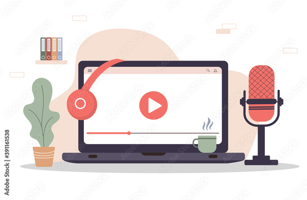 Podcast concept. Equipment for blogging, webcasting and broadcasting ...