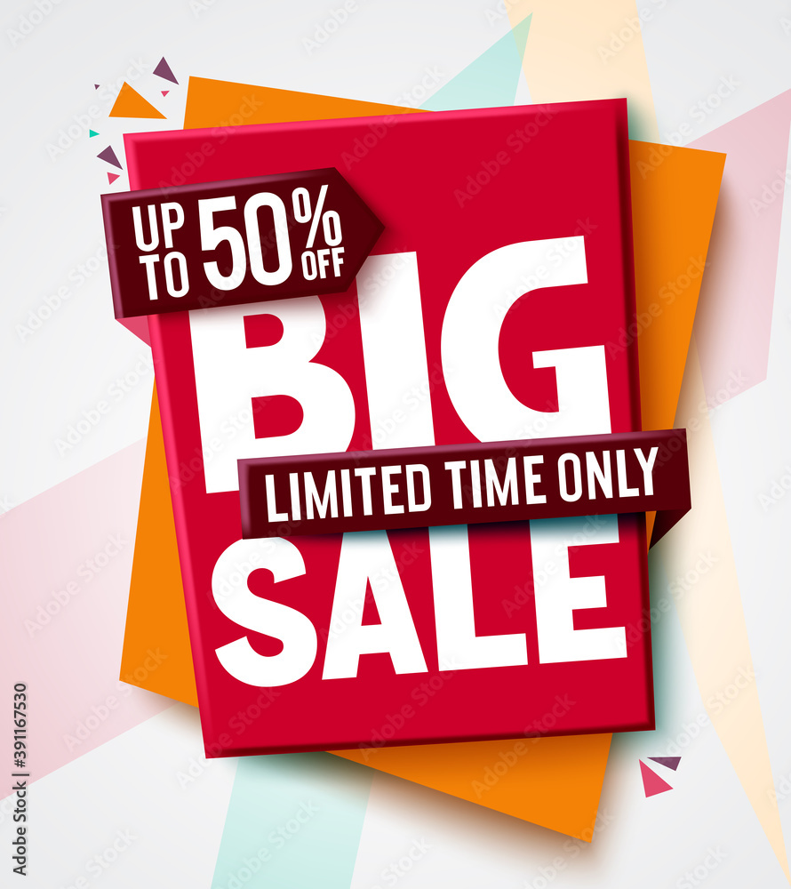 Big sale vector banner design. 50% off discount in a label card tags ...