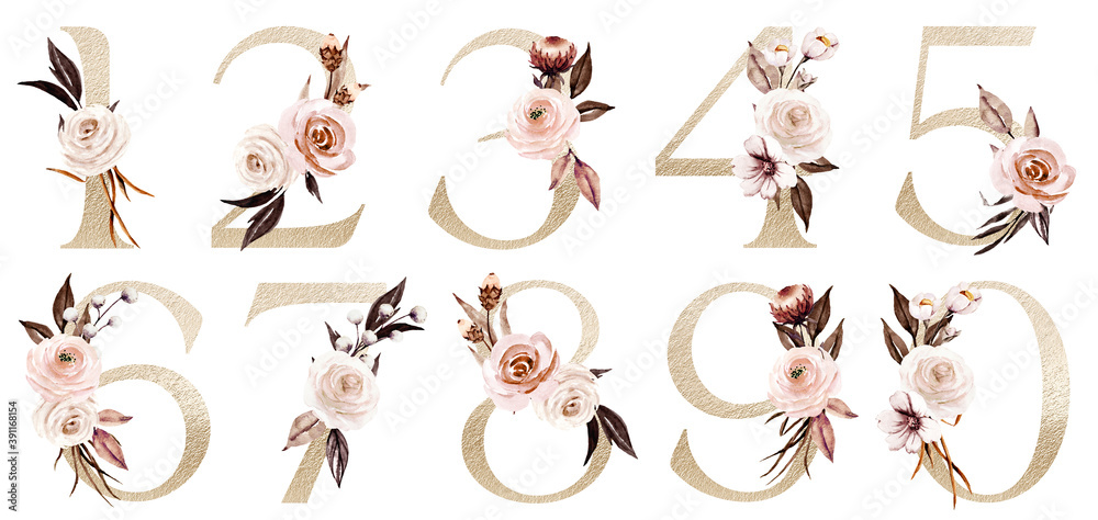 Gold numbers set with watercolor flowers peach roses and leaf ...