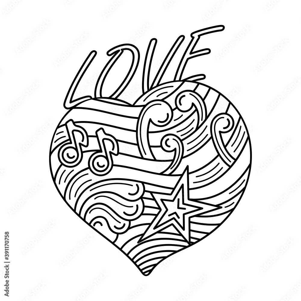 Handdrawn heart outline style for coloring book. Love - lettering ...