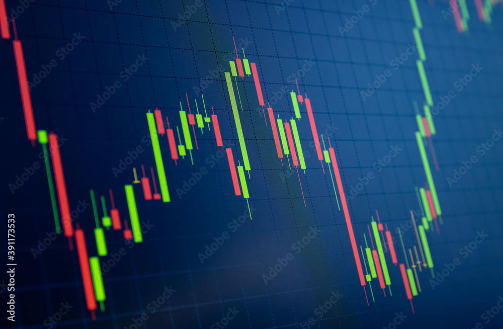 Tilted Red and Green Stock Chart or Forex Chart and Table Line on Black ...