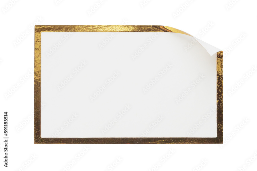 Blank white paper sticker label with golden frame isolated on white ...