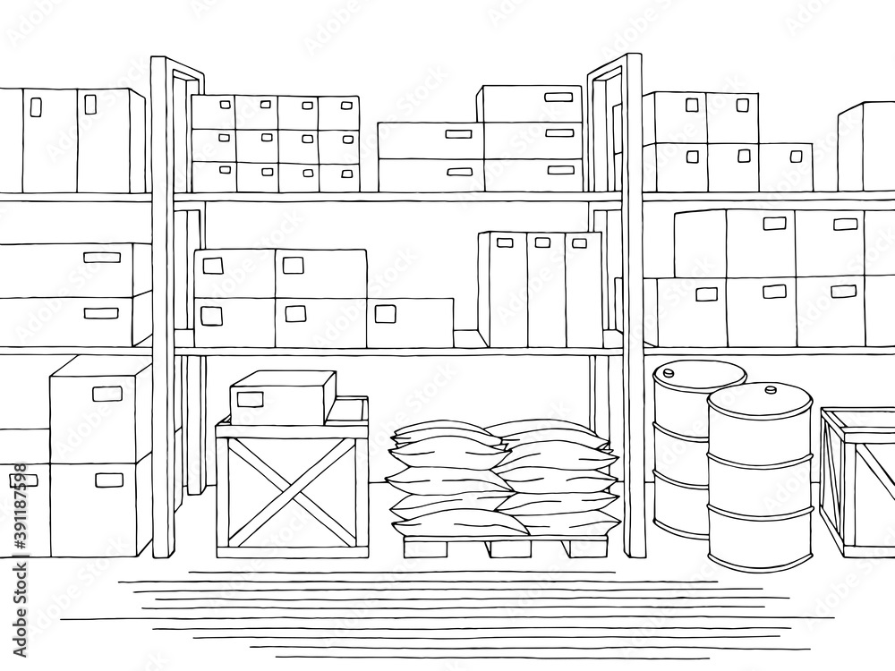 Warehouse interior storage graphic black white sketch illustration ...
