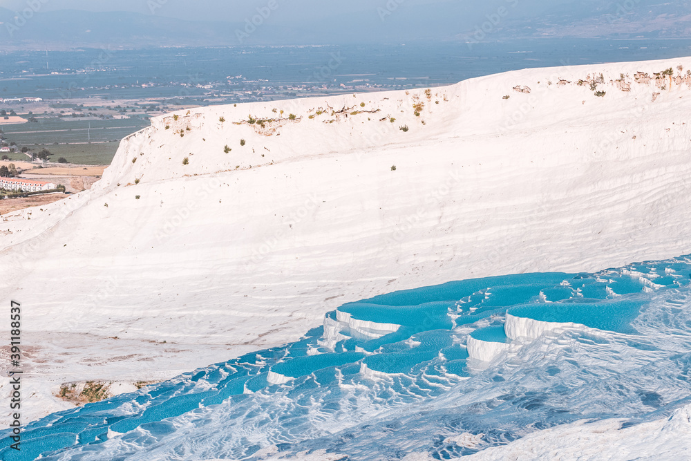 Famous travertines in the Turkish resort of Pamukkale near the city of ...
