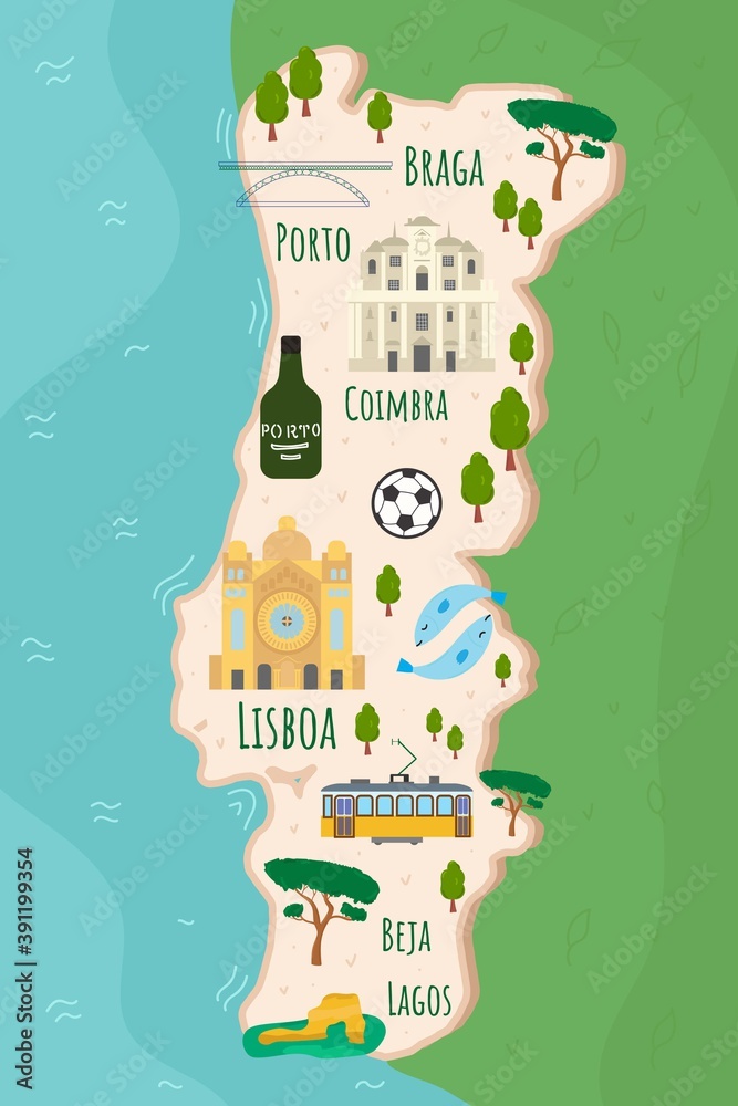 Cartoon map of Portugal. Travel illustration with landmarks, buildings ...