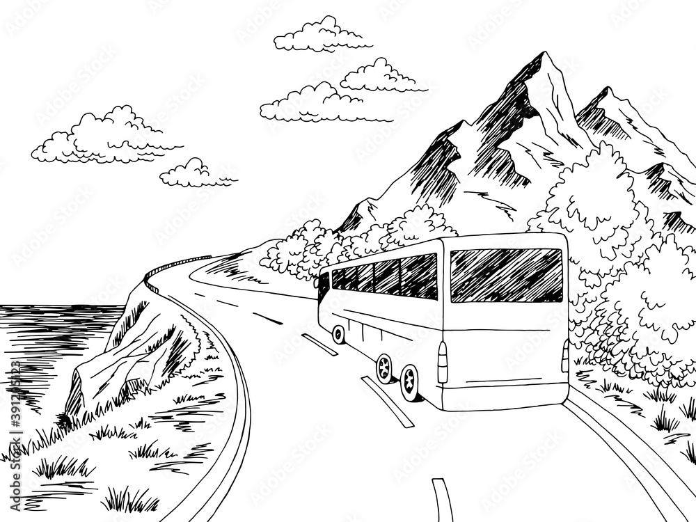 Bus travel road graphic black white landscape sketch illustration ...