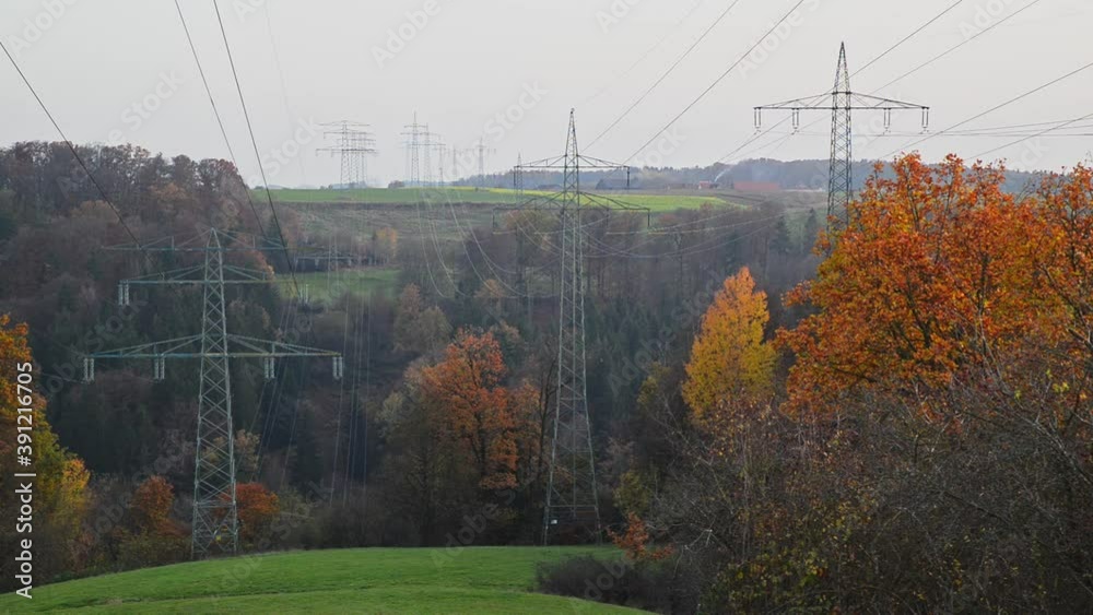 Large transmission towers in the countryside. Different types of ...
