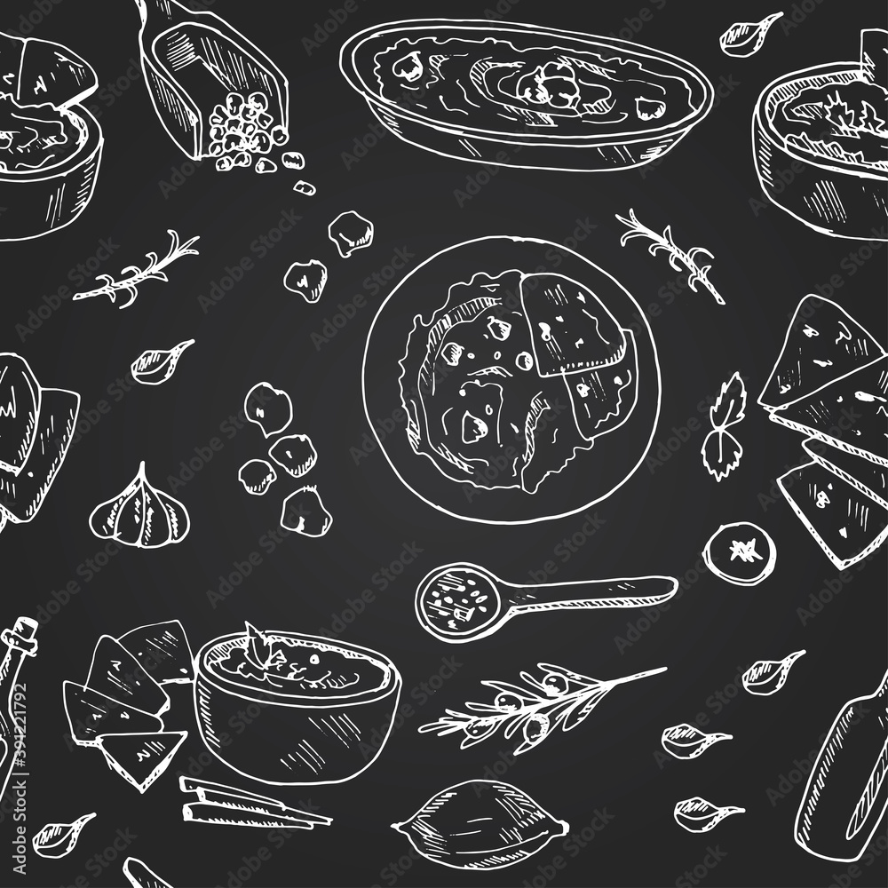 Hummus Vector seamless pattern with food and drink hand drawn doodles ...