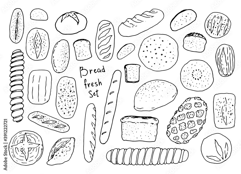 vector fresh drawn bread on a white background. set of black line ...