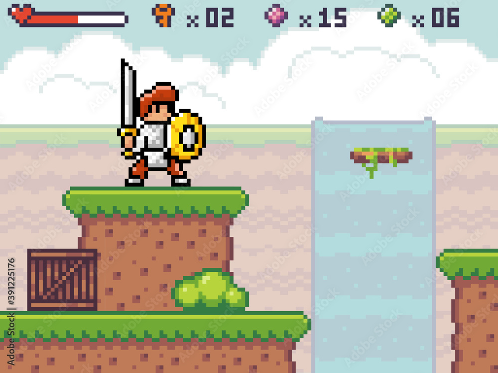 Pixel game interface. Outdoors, waterfall at background. Knight wear ...