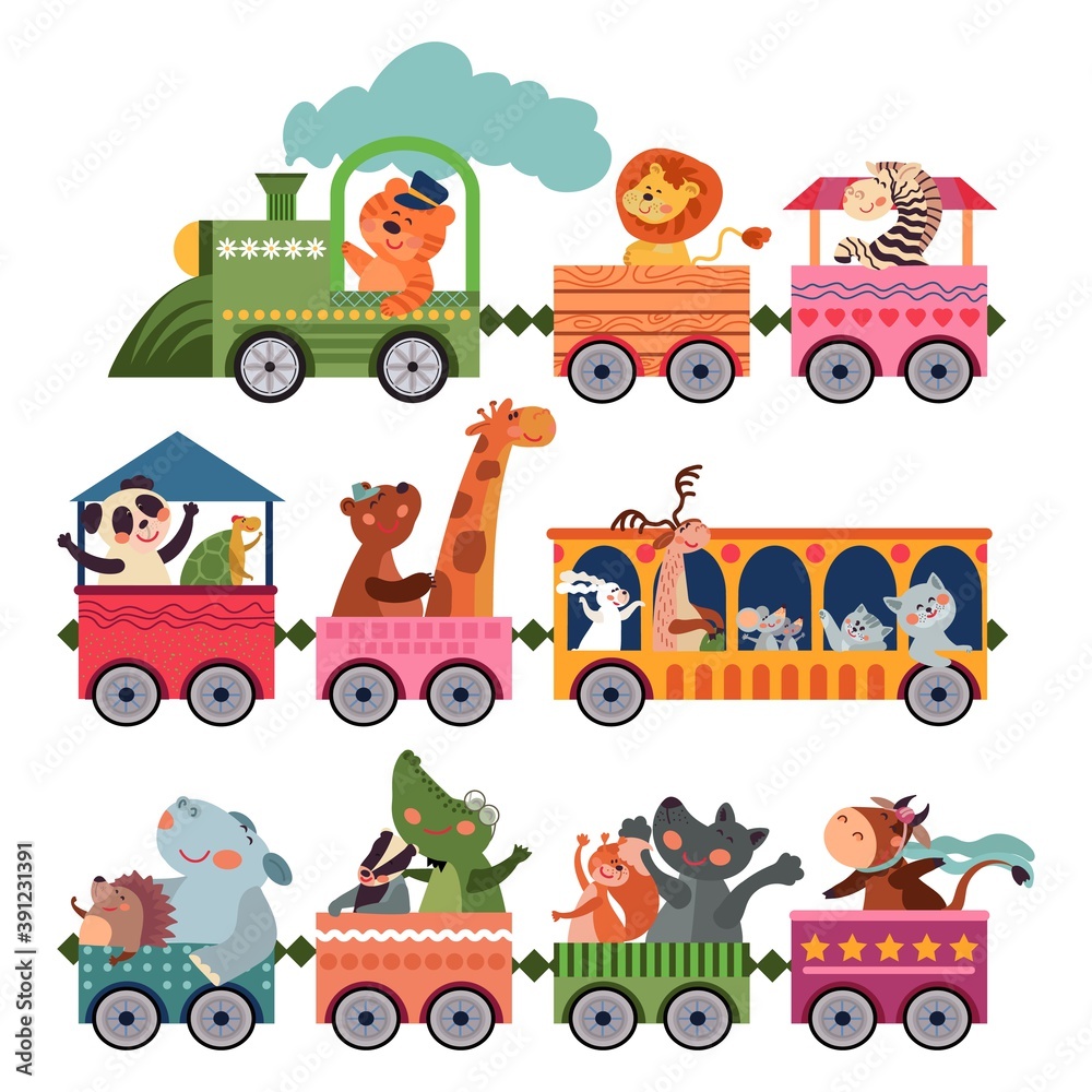 Cute animals train. Playful children zoo, trains with cute cartoon ...