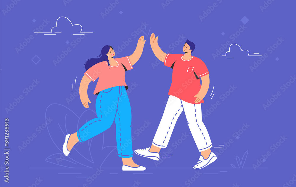 Young couple giving a high-five. Concept vector illustration of two ...