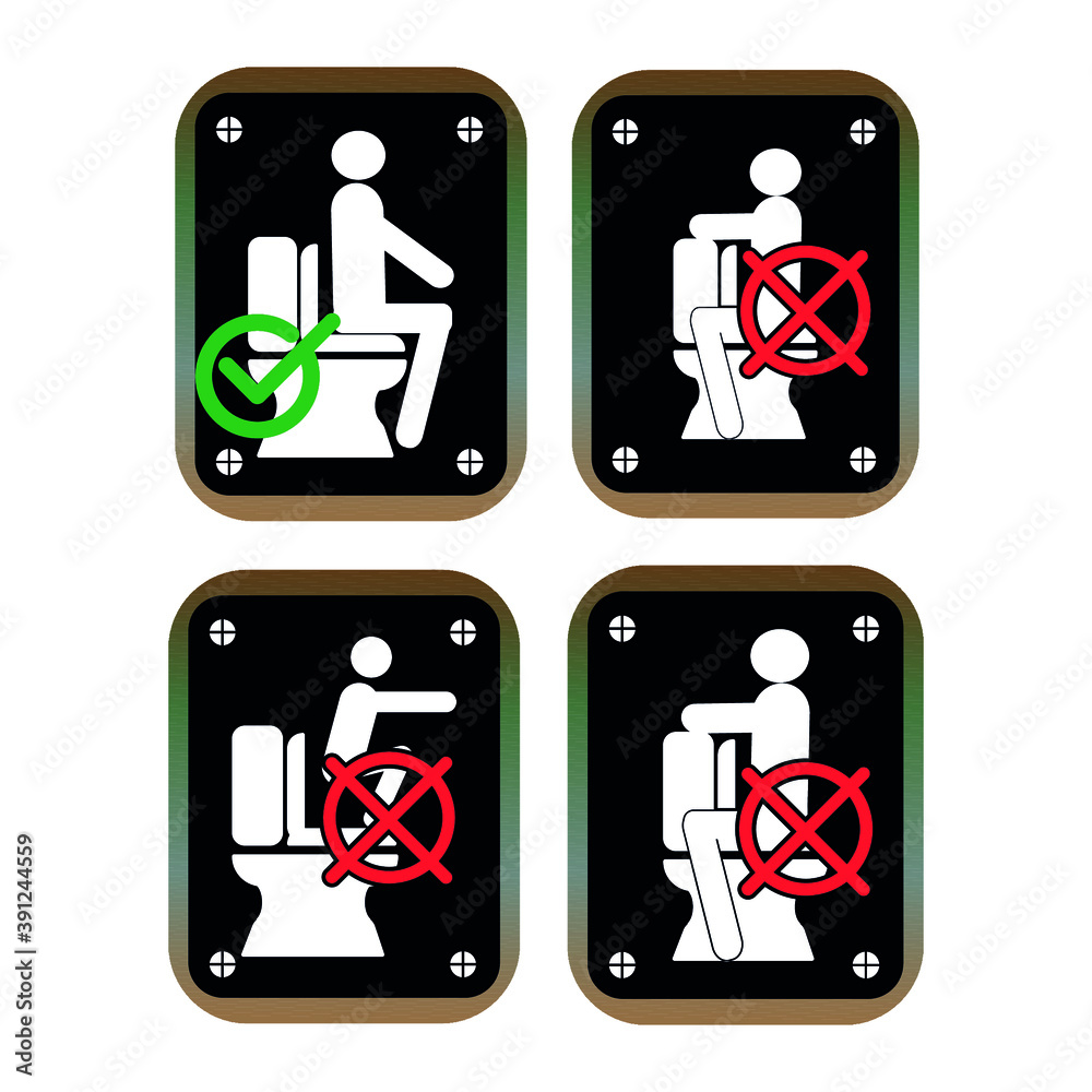 Toilet sign. Closet sitting and wrong way of defecating. Vector ...