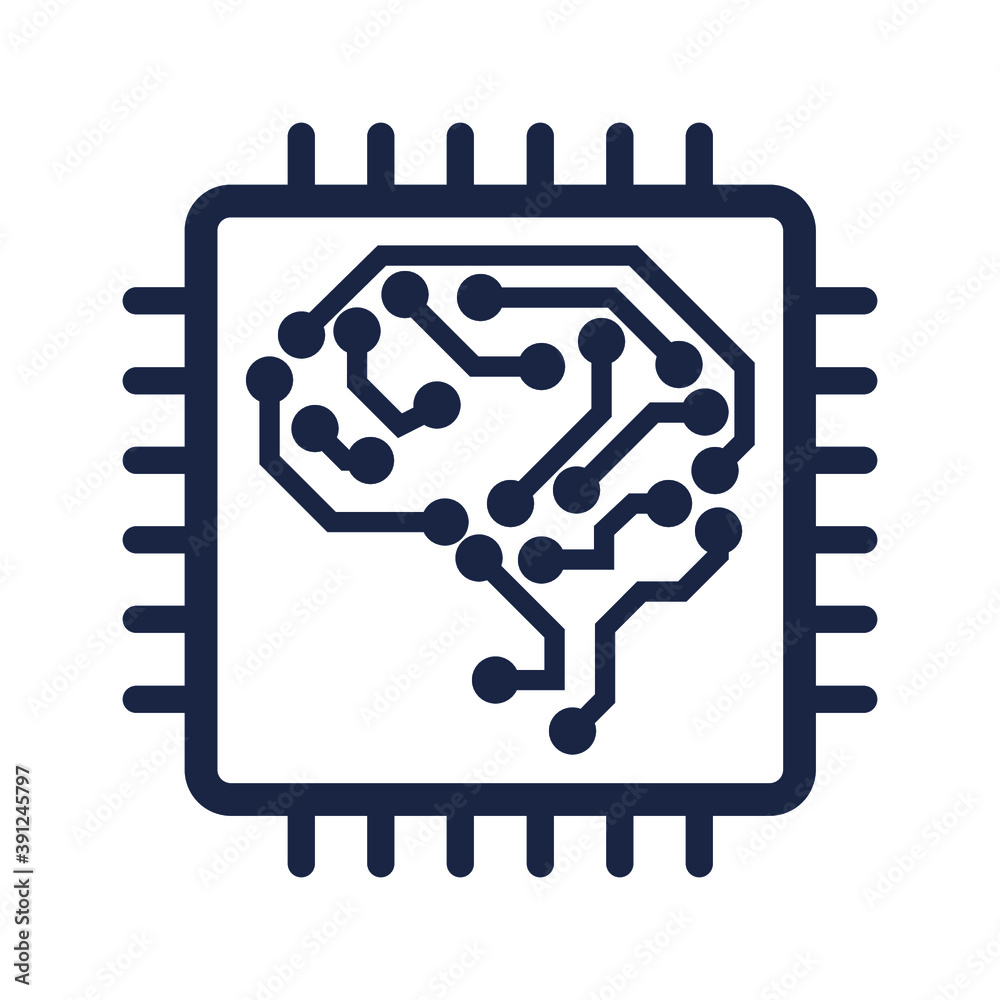 Microchip line icon with brain. Processor, central processing unit ...