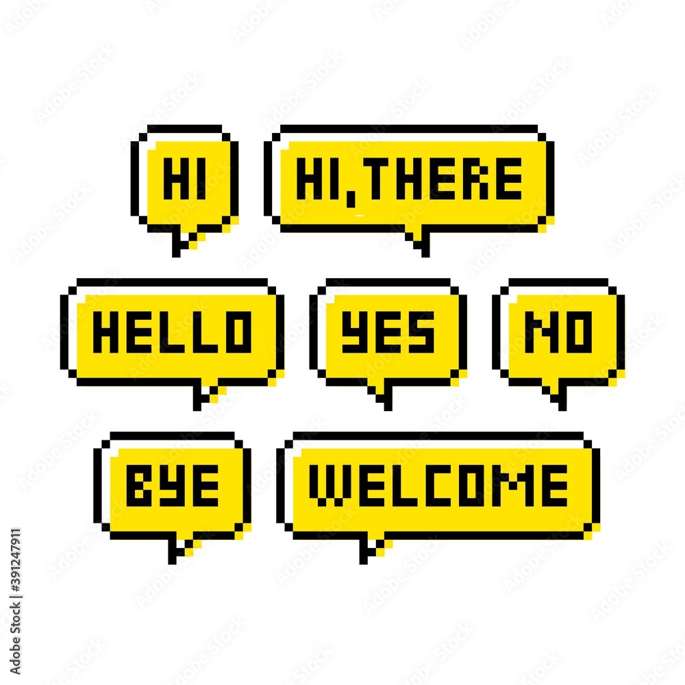 Pixel art 8-bit speech bubbles with text. Greetings, hello, yes, no ...