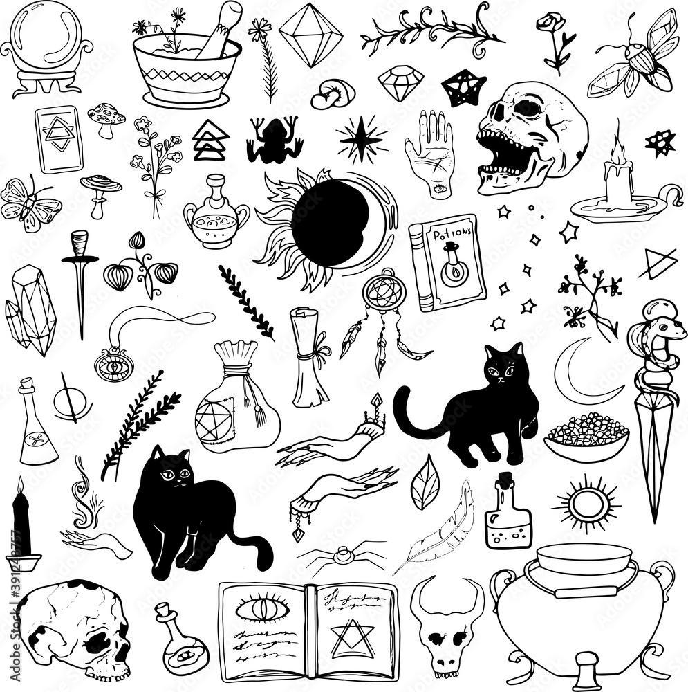 Magic, occult, witchcraft, celestial big doodles collection. Hand drawn ...