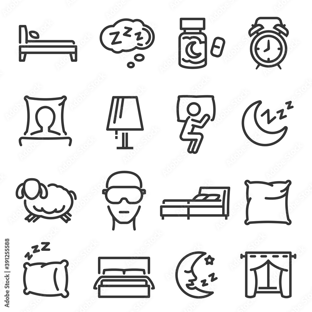 Sleep, dream, bed linear icons set isolated on white. Nap, eye mask ...
