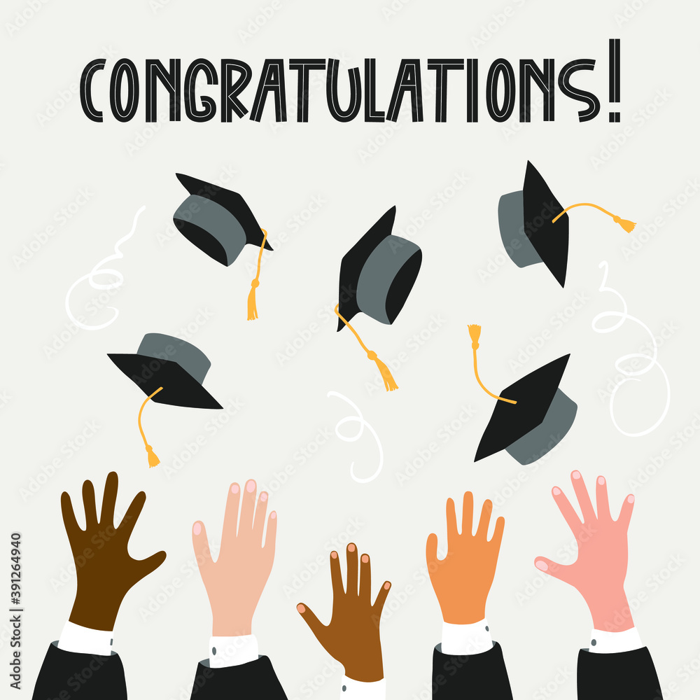 Graduates congratulations, vector illustration with multi-ethnic people ...