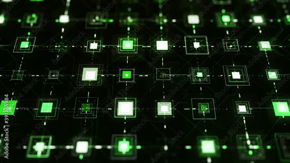 Stockvideon Network with pulsating squares on black background ...