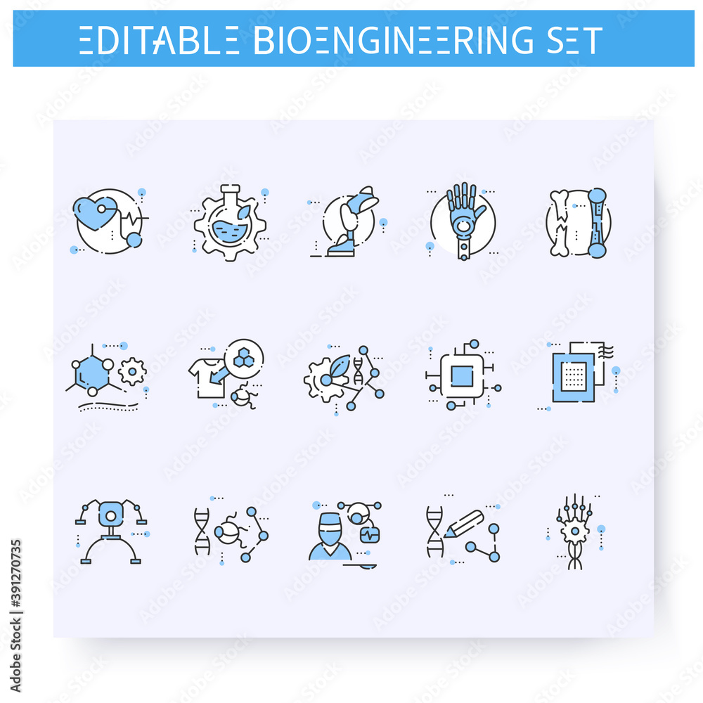 Bioengineering line icons set. Science, medicine, prosthetics ...