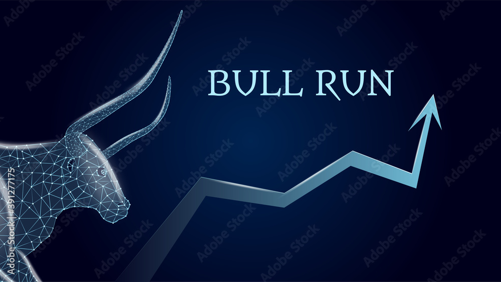 Bull run with a polygonal bull head and an upward arrow on dark blue ...