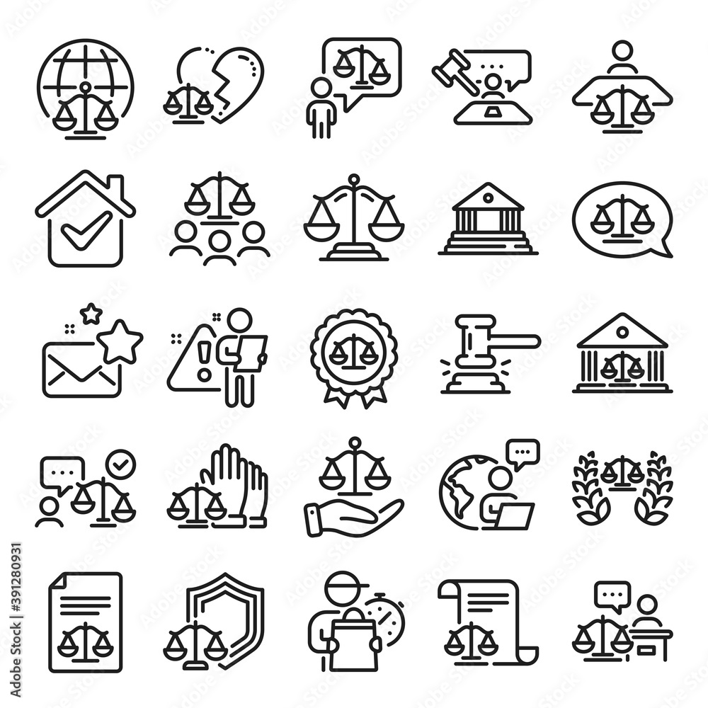 Court line icons. Scales of Justice, Lawyer and Judge. Hammer, Law and ...