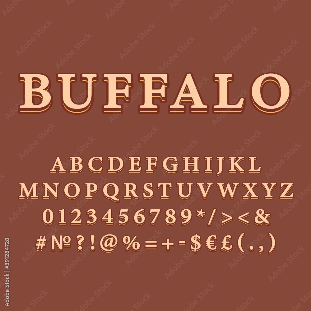 Buffalo vintage 3d vector alphabet set. Retro bold font, typeface. Pop ...