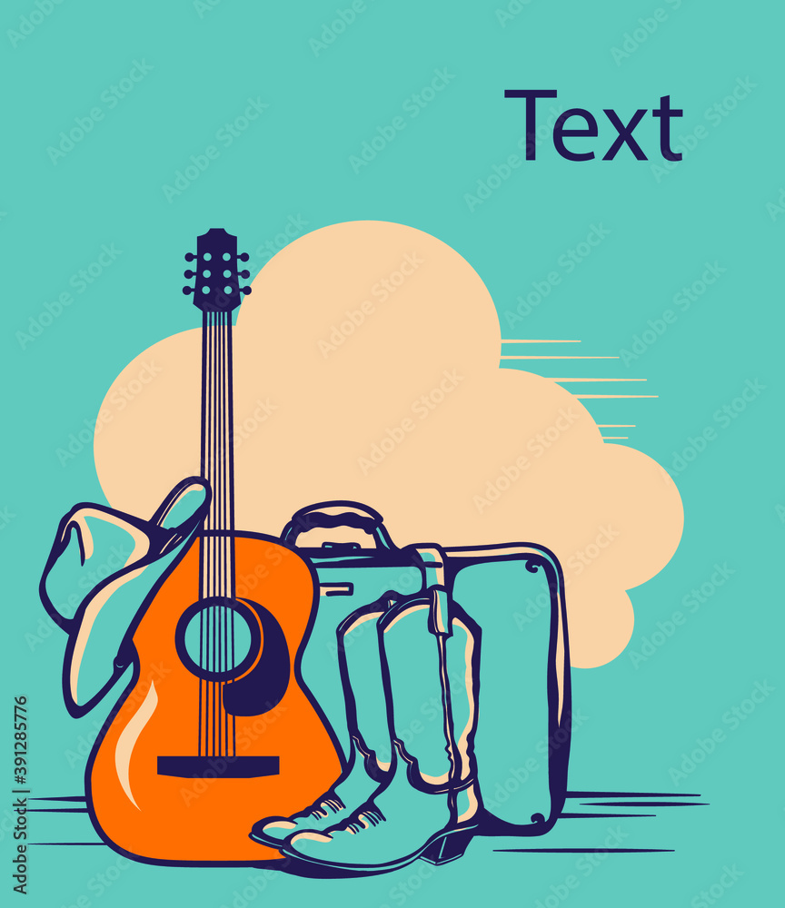 Retro Country music poster of acoustic guitar and cowboy American hat ...