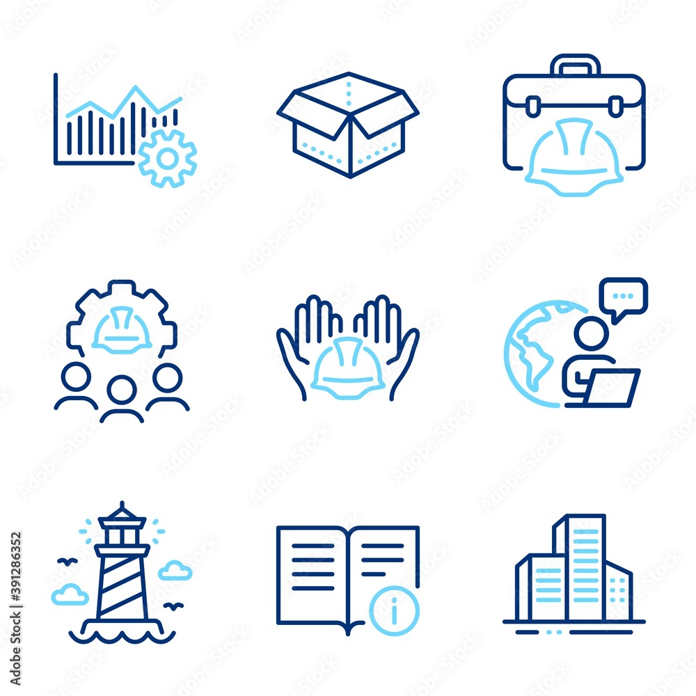 Industrial icons set. Included icon as Technical info, Lighthouse, Open ...