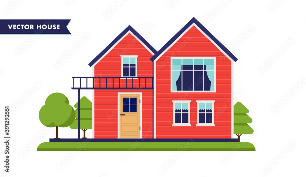 Vector house with terrace - Front view of a red suburban residence home ...