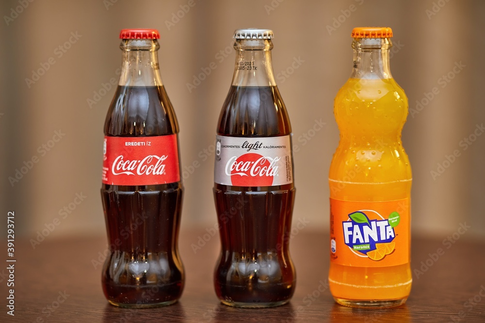 BUDAPEST, HUNGARY - CIRCA 2019: Bottles of Coca-Cola and Fanta soft ...