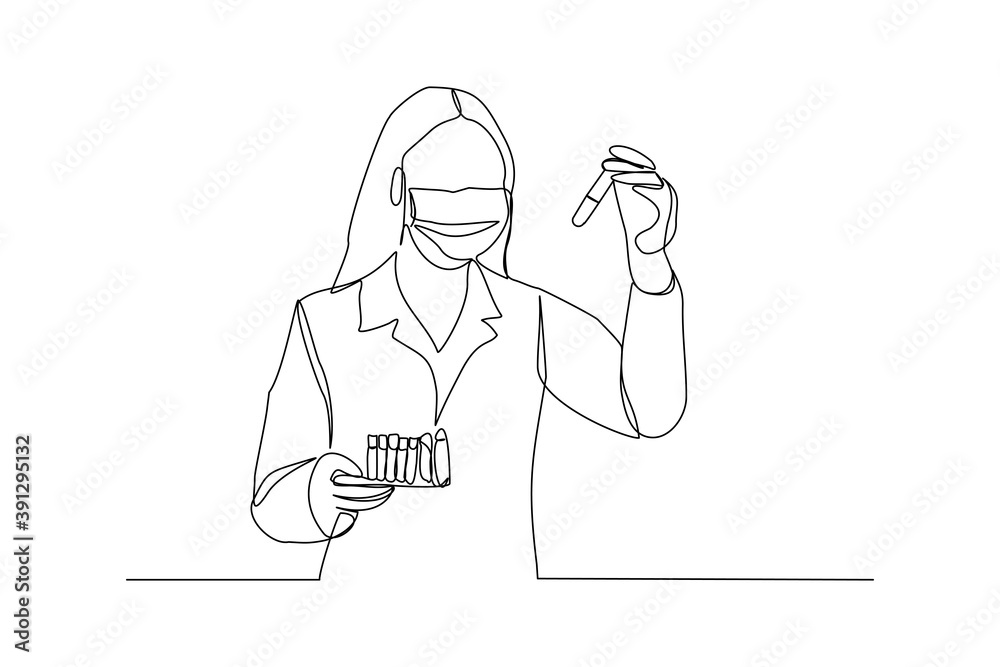 Continuous line drawing of female scientist analyze formula on ...