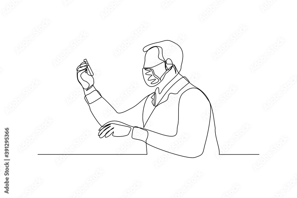 Continuous line drawing of male scientist analyze formula on laboratory ...