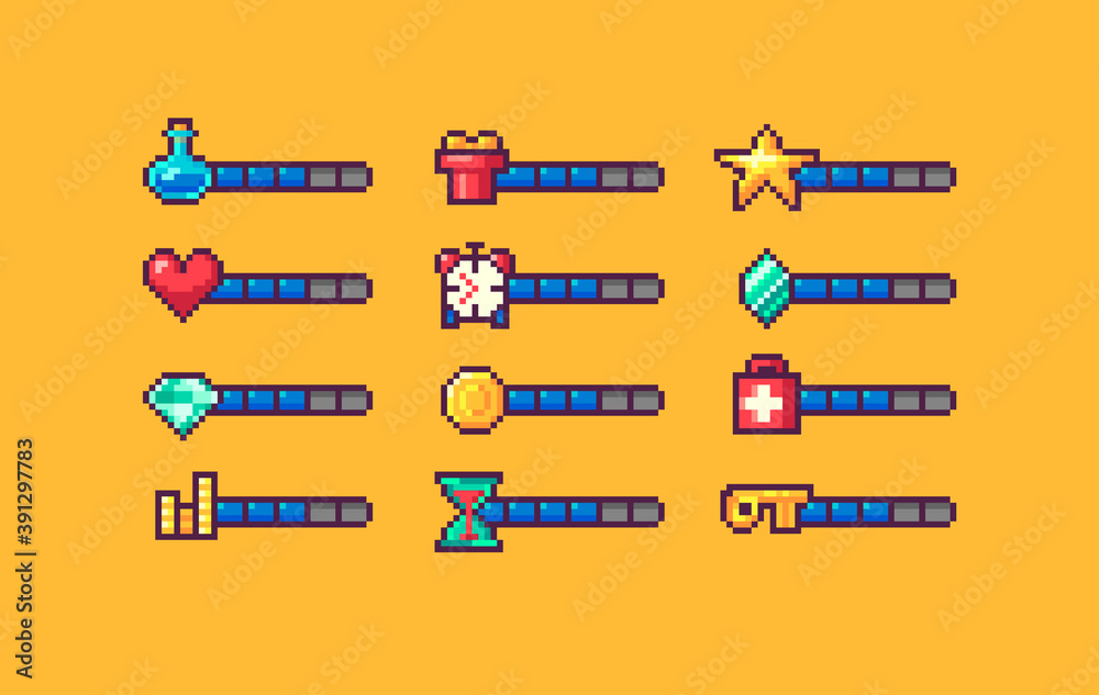 Pixel art game interface elements for mana, energy, stamina, time ... Pixel art game interface elements for mana, energy, stamina, time ...