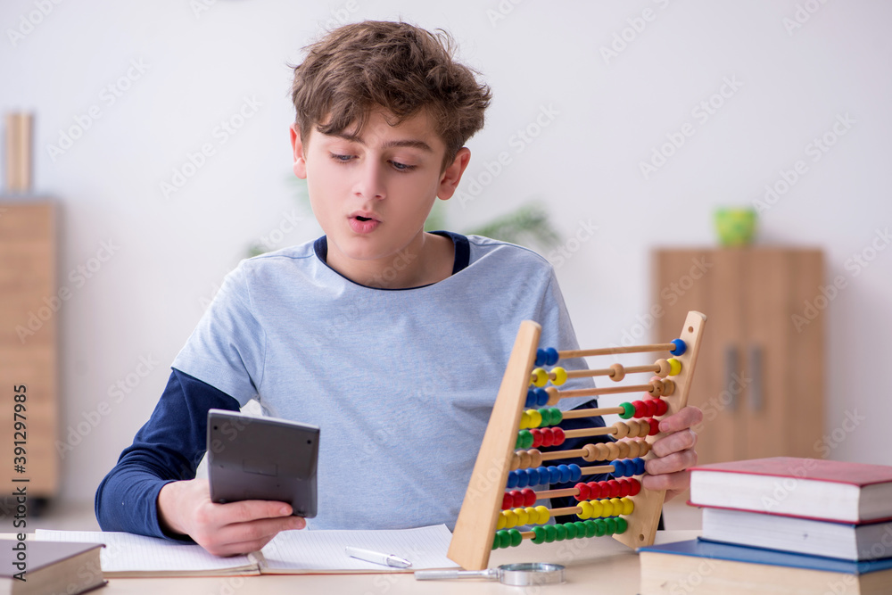 Schoolboy with abacus studying math at home Stock Photo | Adobe Stock