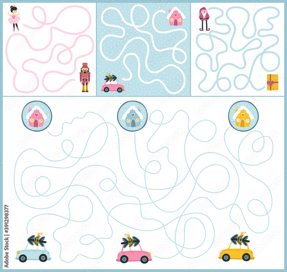 Christmas maze path set of games with elements and funny characters ...