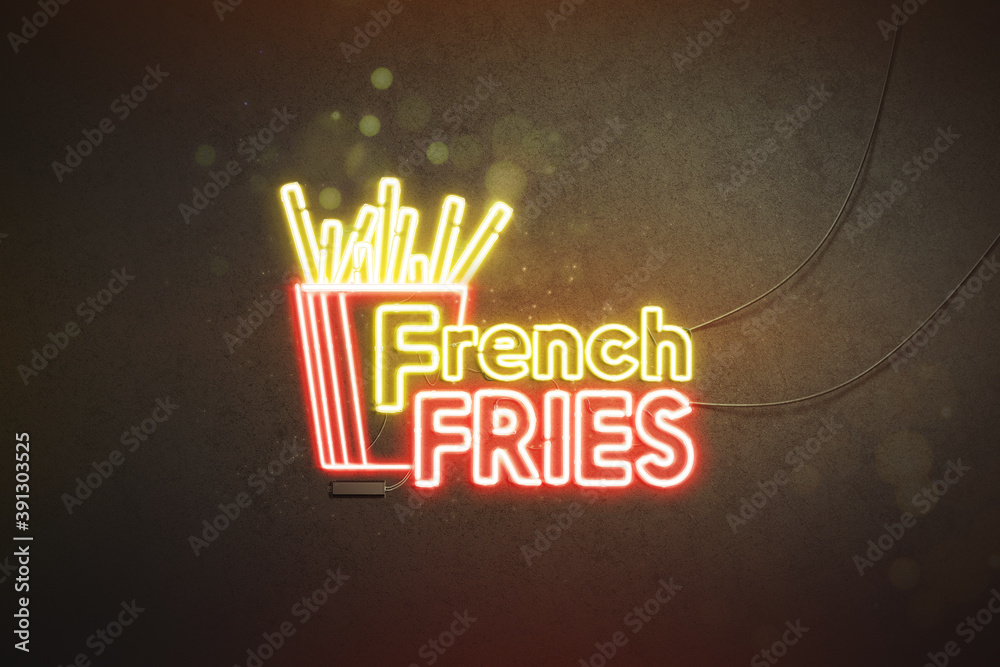 Neon french fries sign dark concrete wall, luminous font mockup Stock ...