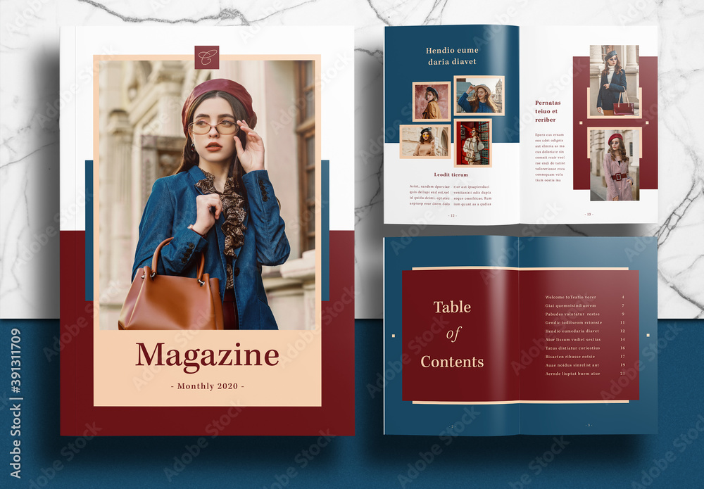Modern Magazine Layout with Red and Blue Accents Stock Template | Adobe ...